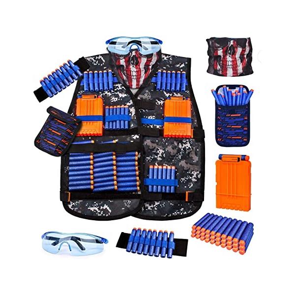 Kids Tactical Vest Kit - Vest x 1,Refill Bullet Darts x 30,Darts Bag x 1,Darts Clip x 1,Darts Wristband x 1,Mask x 1,Gla...