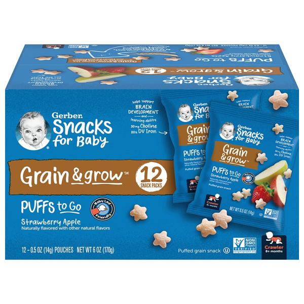 赤ちゃんの小さな手でも握りやすい星の形をした手掴みで食べられる乳児用のお菓子です。1食分あたり2グラムの全粒穀物と6つの必須ビタミンとミネラルが含まれています。小分けされた袋に入っているので、お出かけの際に便利です。商品：ガーバー パフトゥ...