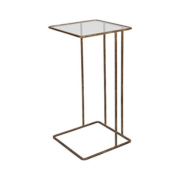 最小限の汎用性を備えたデザインのこのプチハンドフォージドアイアンアクセントテーブルは、透明な強化ガラストップを備えた非常にアンティークなゴールドで仕上げられています。おおよそのサイズ : 12 x 12x24インチ 重さ : 10ポンド B...