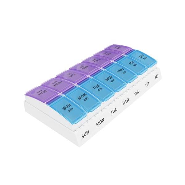Ezy Dose ウィークリー ピル プランナー - 7 日間の午前/午後のピル プランナー - この午前/午後のウィークリー ピル オーガナイザーは、1 週間の薬のスケジュールを立てるのに最適です。プッシュボタンと透明な蓋は使いやすく、一...