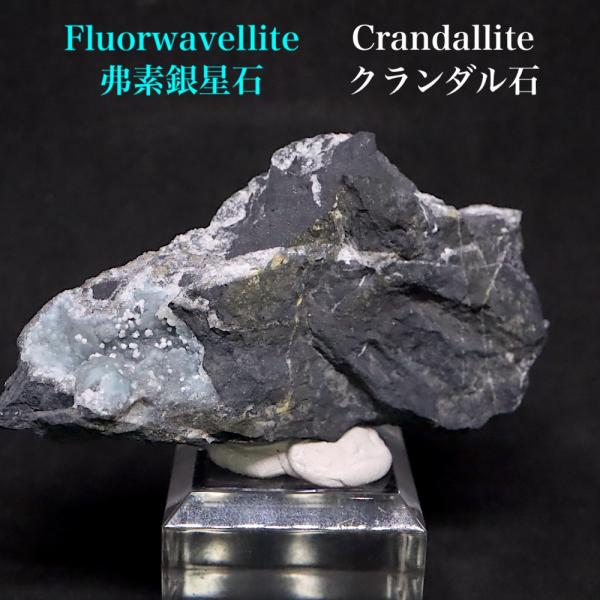 Fluorwavellite / 弗素銀星石Crandallite / クランダル石中央に見えるCrandallite クランダル石（白の球体結晶）弗素銀星石との共生！店主の自主採掘品です！重さ：60.4g大きさ：73 x 40 x 25 ...