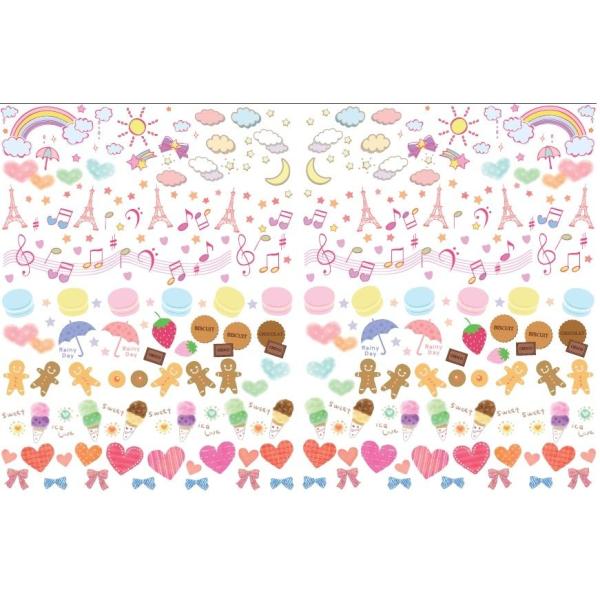 ハート柄、スイーツのモチーフ、大人かわいいモチーフなどをたくさん集めたファンシーでスウィートな転写紙となっています。一部のハートやソフトクリームは水彩タッチのデザインとなっています。写真の四角いお皿は15cmx15cmとなります。この転写紙...