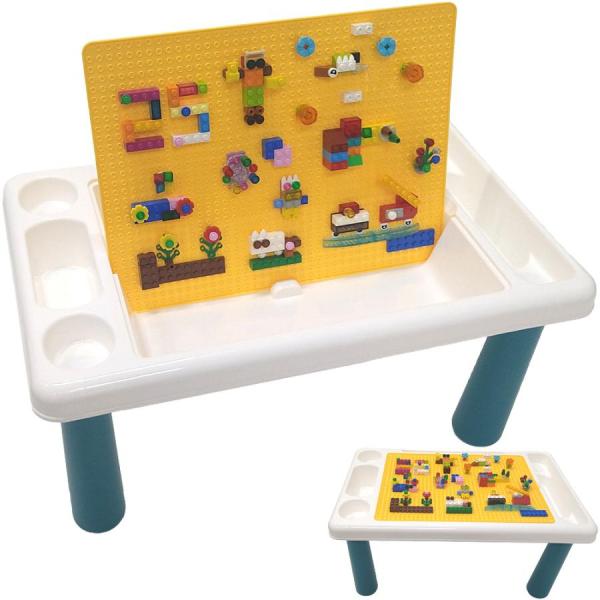 様々なブロックと互換性のあるプレイテーブル。天板にブロックがしっかりと固定されるので、傾けても崩れません。<br><br>ブロック遊び用として<br>サイドにブロックを入れられるので、床に散らばることなく...