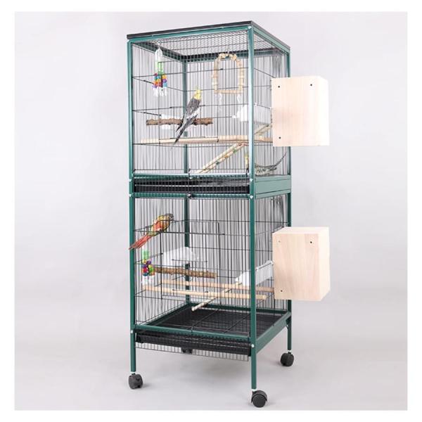 二層鳥：鳥かごの真ん中に仕切りがあり、そこには引き出し式のトレイがあり、上層と下層は独立して使用できます。 仕切りは取り外して丸ごと鳥かごとしても使えます。豊富な付属品：7種類の付属品があります（プラスチックダブルフードカップ×4、無垢材ス...