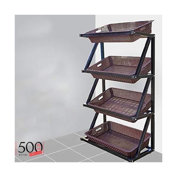 野菜やフルーツ、パンなどの販売に最適なディスプレイラックです。4個のかご付きで、たっぷり陳列していただけます。上3段はお客様が選びやすいよう斜めの設計で、陳列もらくらく。耐荷重も十分で、直売所やイベントでの販売など幅広い用途にお使いいただけます。