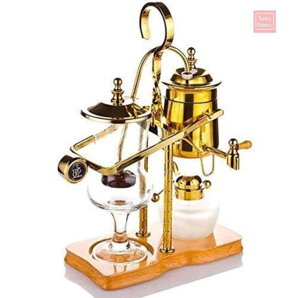 エスプレッソの3/5カップに適したサイフォンコーヒーメーカー：美しい黄金の体を、耐熱ガラスなどの木製ベース、アルコールバーナーで。亜鉛メッキバランスシャフト、ハンドルと計量スプーン。&amp;lt;br&amp;gt;&amp;lt;br&...