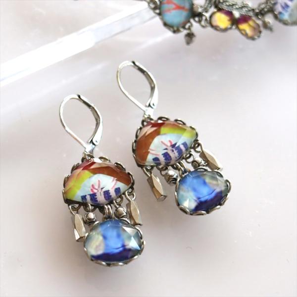 【Detail】 商品番号：　ay03-r1971h サイズ　：　長さ 4.5(3)cm  産　地　：　イスラエル 素　材　：　天然石（水晶）、プリントファブリック、ガラスビーズ、真鍮    <Key：>