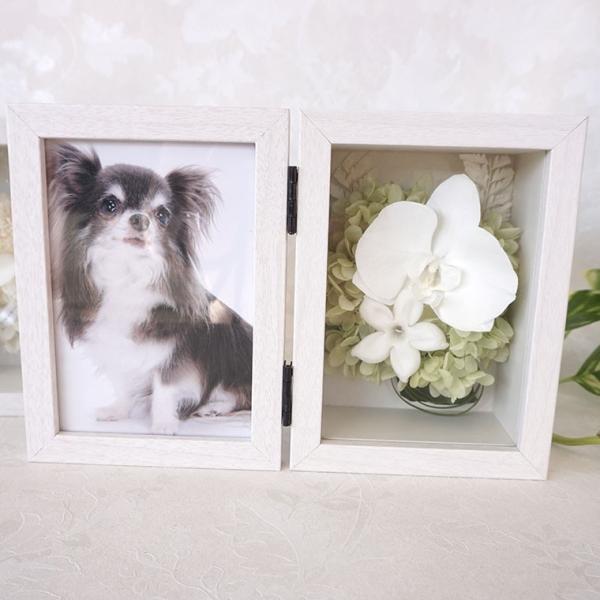 お供え・お悔み用の白い花をメインに使用したメモリアルフォトフレームです。写真は、L版サイズが入るサイズとなります。2タイプからお選びください。すべてプリザーブドフラワーを使用したアレンジです。■サイズ 幅21.5（開いて）×高さ14.5×奥...