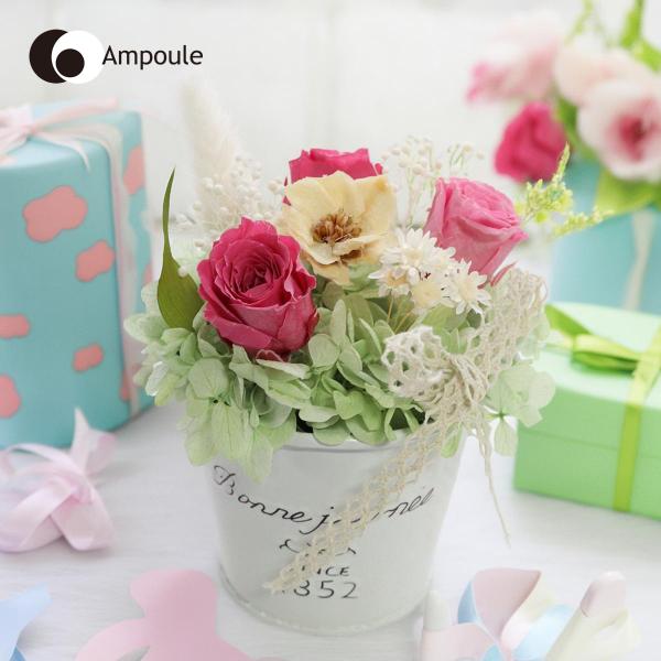 フランス語で子犬の意味をもつChiot (シオ) 。 オシャレなブリキの器にピンクのバラと小花かすみ草をあしらし、中心にハンドメイドフラワーのアネモネを。レースリボンをやさしくそえて、かわいいしっぽのような白いラグラスをアレンジしました。こ...