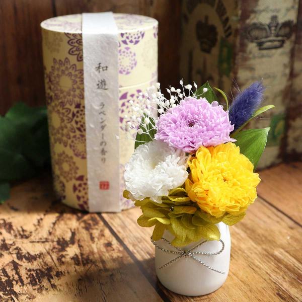 現代仏壇用、かわいらしいお供え花豆仏花とラベンダーの香りの線香セットです。■お花について小さなプリザーブドフラワーミニタイプの豆仏花です。小さくてもすべてプリザーブドフラワーを使用したお供え花です。■サイズ約4.5×6.5×9cm■プリザー...