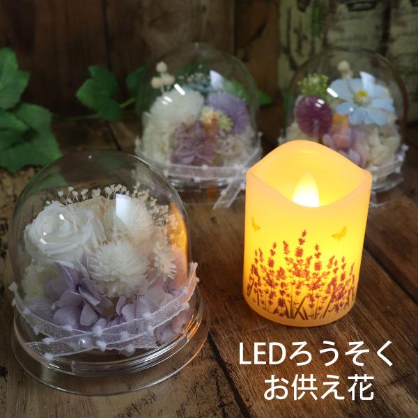 手のひらサイズのプリザーブドフラワードームと、 カメヤマ「いろはあかりSS」LEDろうそくをセットにしたお供えギフトです。初盆・新盆・お悔やみ・喪中見舞い・命日・ペット供養など、 さまざまなシーンでご利用いただけるコンパクトな供花。生花のよ...