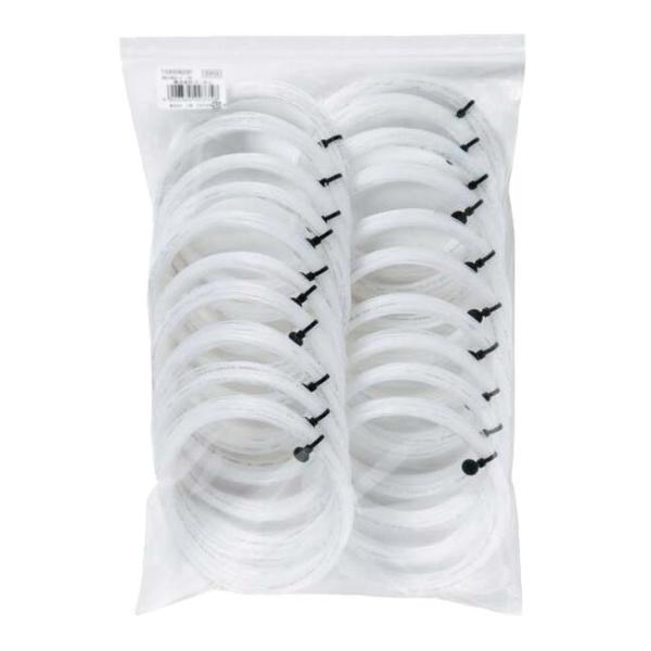 SPECカラー：ホワイトゲージ：1.35mm-1.39mmレングス：12.2ｍ ※1張りあたり素材/構造：ナイロン／モノフィラメント／高強力糸、特殊断面形状、表面特殊加工入数：20張りセット対象プレーヤー：学生プレーヤー・ハードヒッター原産...