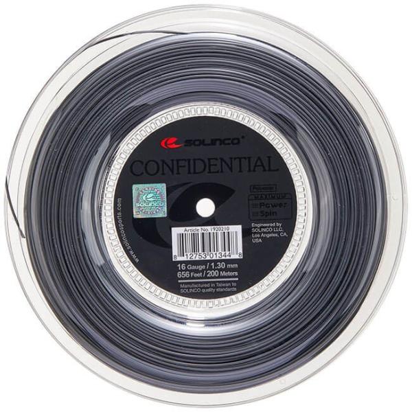 SPECゲージ：1.15mm／1.20mm／1.25mm／1.30mmカラー：ダークシルバーレングス：200M素材/構造：ポリエステル／モノフィラメント名称：Solinco Confidential String仕様：プレイアビリティ、コン...
