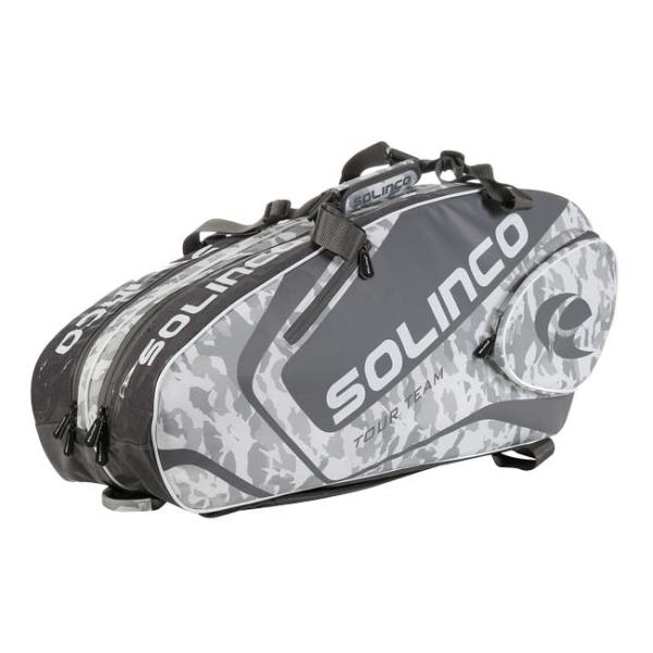 SPECカラー：ホワイトカモサイズ：約75×23×35cm素材：ポリエステル79%、ポリウレタン21%名称：SOLINCO TOUR TEAM CAMO 6R TENNIS BAG原産国：中国仕様：試合や練習に必要なものを詰め込めるラケット...