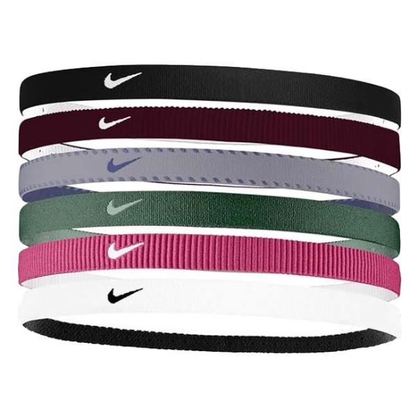 SPECカラー：ブラック×バーガンディクラッシュ×ホワイト(053)サイズ：フリー ※平置きサイズ：約1.2×23.5cm素材：ポリエステル80%、ポリウレタン20%入数：色違い6本入り名称：Nike Flex Headbands 6PK原...