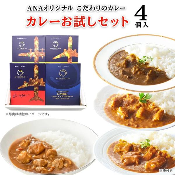 ANA FINDELISHカレーお試しセット 4個入りANAのファーストクラスでご提供している阿波尾鶏とマッシュルームのカレー、ANA機内食シェフ監修のビーフカレー、チキンカレー、ポークカレーが入ったセットです。■内容量　4食阿波尾鶏とマッ...