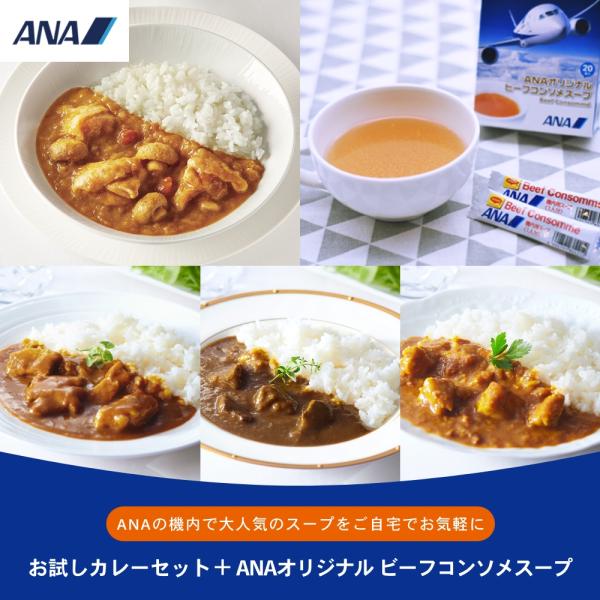 【ANA FINDELISH】お試しカレー4種＋ANAオリジナルビーフコンソメスープ セットANAのファーストクラスでご提供している阿波尾鶏とマッシュルームのカレー、ANA機内食シェフ監修のビーフカレー、チキンカレー、ポークカレーANAの機...