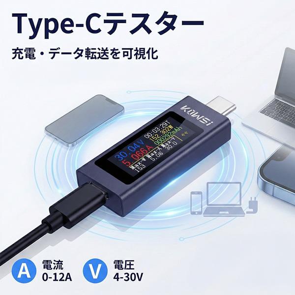 USB Type-C 電流 電圧 チェッカー 360W 12A 対応 USB PD 急速充電 測定器 高精細カラー画面 電力量 使用時間 温度表示 方向インジケーター ノートPC スマホ タブレット モバイルバッテ