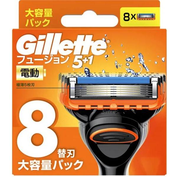 商品名 Gillette ジレット フュージョン電動 替刃内容量 8個　　　　　　　　商品案内 ◆すべてのフュージョン シリーズのホルダーで 使用できます。◆スタビライザー付極薄5枚刃 ジレット史上、最高の極薄刃で肌へのひっかかりを最小化。...
