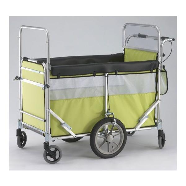 オープンタイプの大型ベビーカートです。ロック機能付き、ハンドブレーキ装備の安全設計。折りたたみも簡単にでき、しかも自立するので、キャスターでの移動もらくらくです。前面は可動式スロープになっていて、お子様の乗せ降ろしが簡単です。中央、ノーパン...