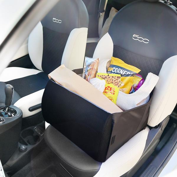 急ブレーキで荷物が座席から転落するのを防止してくれる、車の座席に固定できる収納ボックスです。使わないときはたたんで背もたれクッションにできるから、一年中付けっぱなしOK。