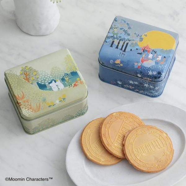 ムーミンのイラストと三重の名店日の出屋製菓がコラボしたゴーフレット缶。ムーミン好きな方や北欧好きな方へのギフトにもぴったりなお菓子です。
