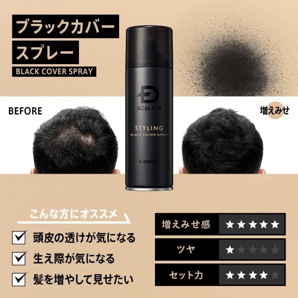 販売名：スカルプＤ　ブラックカバースプレーQR1ミクロの微粉末（タルク）とカーボンブラックを配合した樹脂が髪をコーティング。スタイリングした髪をキープしつつ、1本1本を黒く太く見せる、汗・雨でも落ちにくいスプレー。関連ワード[スカルプD 整...