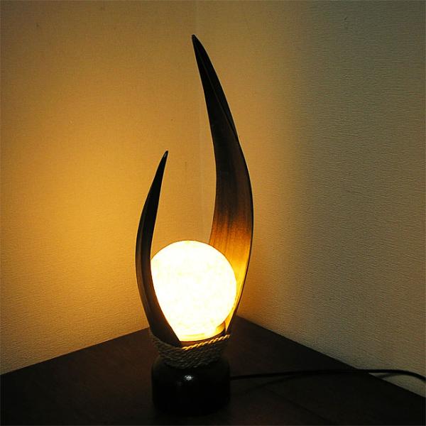 椰子の木のココナッツの周りに生える硬いリーフを使った南国色豊かなスタンドランプ。ゆったりとした曲線を描くリーフがライトを挟むように前後に２枚、間の電球のカバーにはレジン樹脂を加工したボール型のシールドが付いています。シールドがあるので電球が...