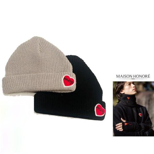 【BRAND】　MAISON HONORE（メゾン・オノレ）【PRICE】　￥6800（税別）【MODEL】　1hrtpkc / 1Heart Patch Knit Cap【生 産】　Made in JAPAN【color】　BLACK （...