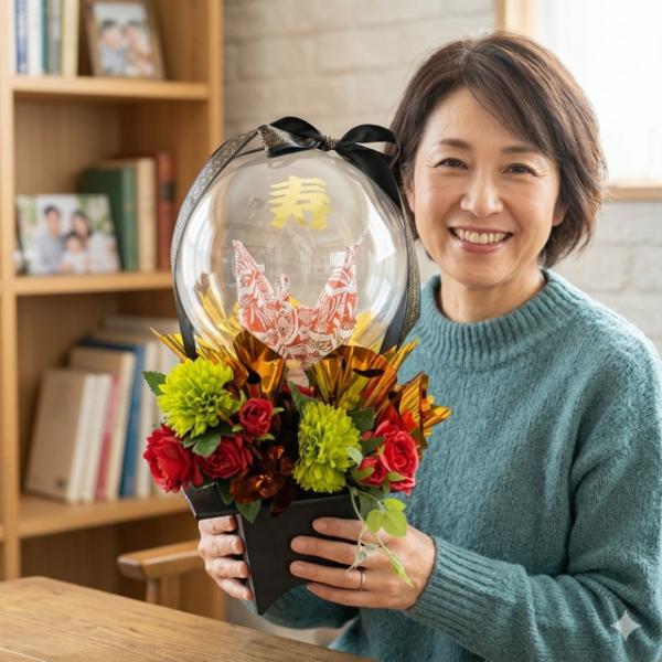 ORIZURUアクアドームアレンジは、特別な贈り物に最適な商品です。透明なアクアバルーンの中に折り鶴型のバルーンが配置され、縁起の良いデザインが特徴です。赤を基調とした華やかな色合いが、還暦や母の日の贈り物として喜ばれます。シンプルでありな...