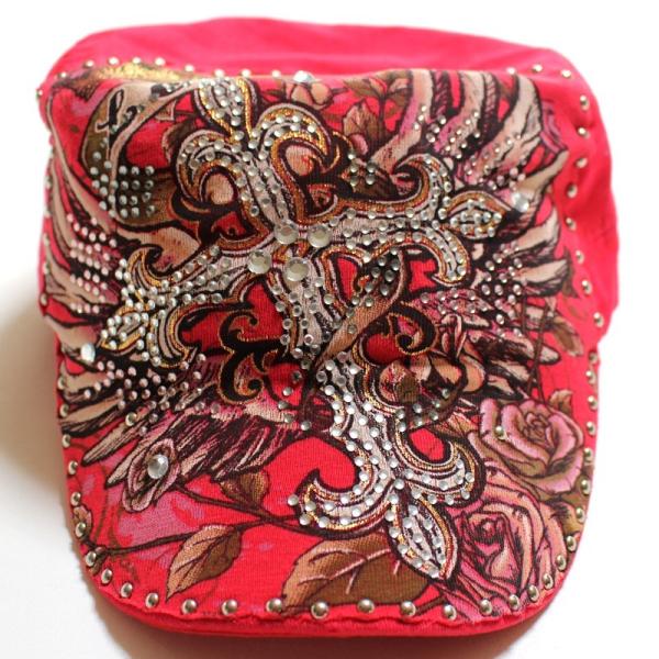 PRODUCT DESIGN IN U.S.AGothick Cross&amp;Roses ド派手なプリント！ゴスな十字架に薔薇！ラインストーン＆スタッズTattooスタイル！カデットキャップ！カストロキャップ！【サイズ】フリーサイズ：ス...