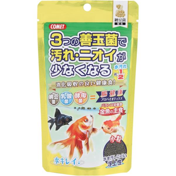 イトスイ　コメット 金魚の主食 納豆菌配合 小粒 ９０ｇ納豆菌に加え、新たに乳酸菌と酵母菌を配合。この3つの善玉菌の力で金魚の腸内細菌のバランスを整え、水の汚れや嫌なニオイを減らします。健康に育つビタミン配合のバランスフードで、小さい金魚に...