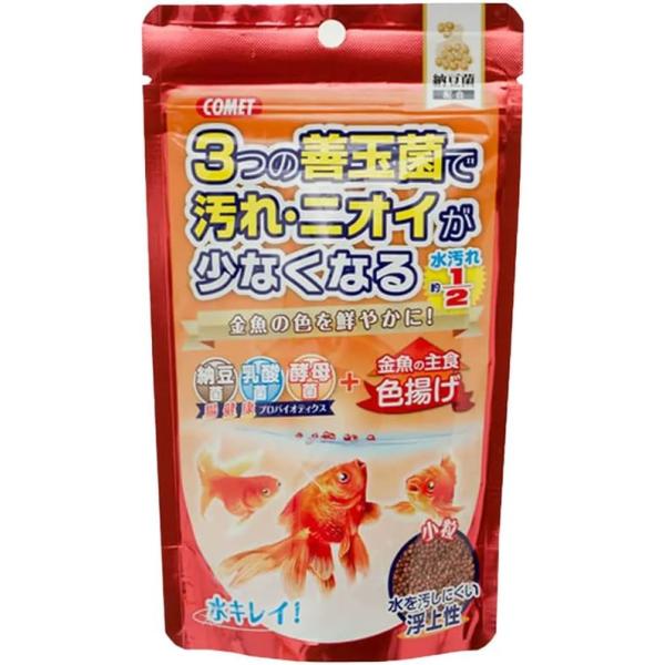 イトスイ　コメット 金魚の主食 納豆菌配合 色揚げ 小粒 ９０ｇ納豆菌・乳酸菌・酵母菌が、金魚の腸内で善玉菌を活性化させ、腸内細菌のバランスを整えます。善玉菌により消化吸収を助け、排泄物の分解力も向上し水の汚れや嫌なニオイを軽減します。カロ...