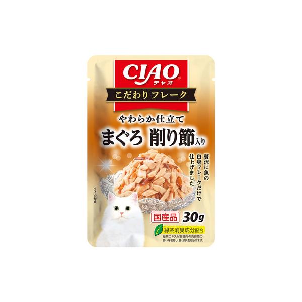 いなばペットフード　チャオ こだわりフレーク まぐろ削り節入り ３０ｇまぐろとかつおの白身フレークを焼津産かつおだしで仕上げました。猫ちゃんが食べやすい柔らかゼリーで包みました。---原産国---日本---原材料---かつお、まぐろ、かつお...