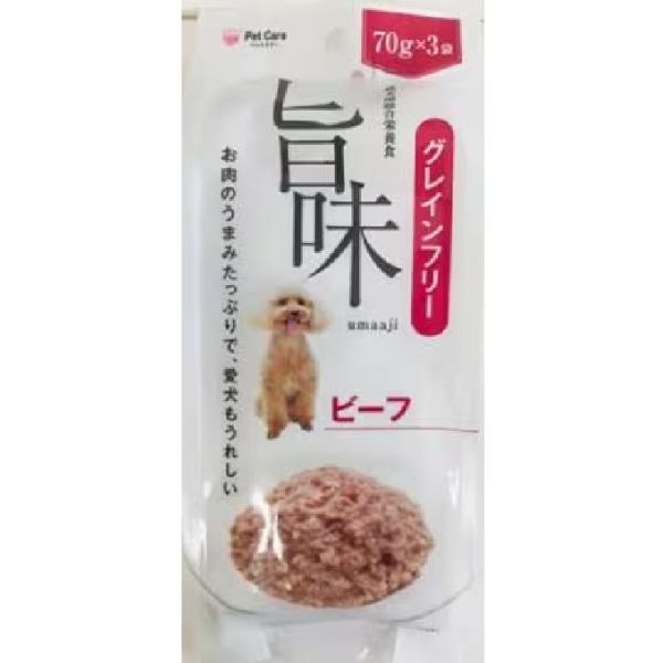ペットケアー　旨味パウチ グレインフリー ビーフ ７０ｇ×３袋お肉のうまみたっぷりで、愛犬もうれしいグレインフリー---原産国---中国---原材料---肉類（チキン、ビーフ）、タピオカ澱粉、増粘安定剤（カラギナン）、塩化コリン、ミネラル類...