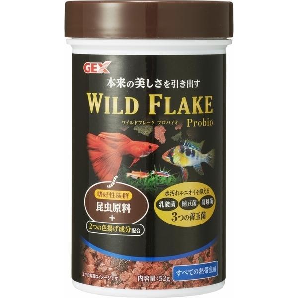 GEX　ワイルドフレーク プロバイオ ５２ｇ魚本来の美しさを引き出す嗜好性抜群昆虫原料+2つの色揚げ成分+3つの善玉菌配合良質なたんぱく源である昆虫原料を配合。熱帯魚本来の食性に近づけ、嗜好性にもこだわりました。消化吸収に優れた原材料を使用...