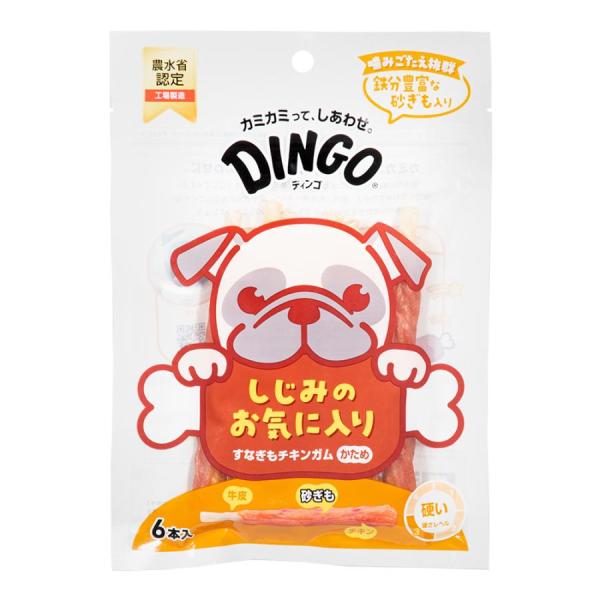 スペクトラムブランズジャパン　DINGO すなぎもチキンガム かため ６本入鉄分たっぷりの砂肝と、高たんぱく低脂肪な鳥胸肉を使用しています。牛皮１００％のスティックガムでしっかりした噛みごこちです。農林水産省認定工場で製造しています。---...
