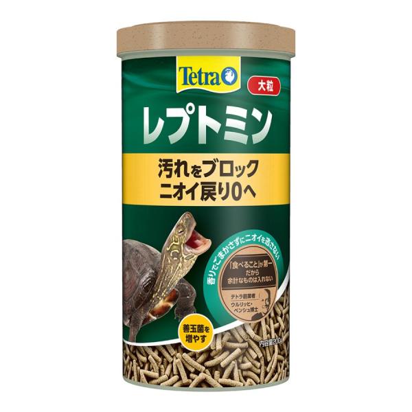 スペクトラムブランズジャパン　テトラ レプトミン 大粒 ２００ｇニオイをフンの粒子の中に永久に閉じ込めてニオイ戻り０へ。オリゴ糖含有の酵母菌を配合することでカメの腸内に住んでいる善玉菌の増殖を助け、消化吸収をサポート。水汚れも抑えます。成長...