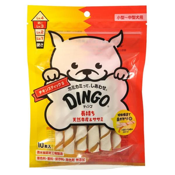 スペクトラムブランズジャパン　DINGO チキンスティック Ｓ １０本入天然牛皮と鶏ササミで作った色々な細さにカットした牛皮と、ササミをねじり合わせた複雑なツイスト型ガムです。天然牛皮は牛皮の強力な繊維がそのまま残っているから長持ちでさらに...