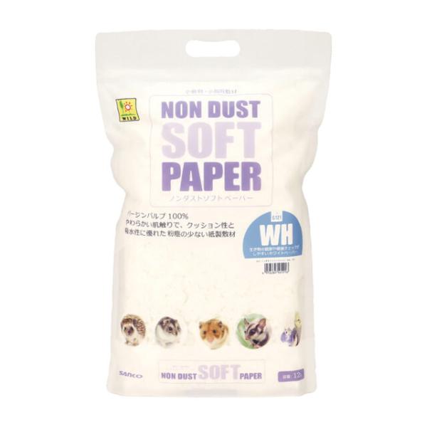 三晃商会　ノンダスト ソフトペーパー ホワイト １２Ｌ※個数制限がございます、ご了承下さい。バージンパルプ100％やわらかい肌触りで、クッション性と吸水性に優れた粉塵の少ない紙製の小動物、小鳥用敷材です。ホコリが極めて少なく生き物や飼育者に...