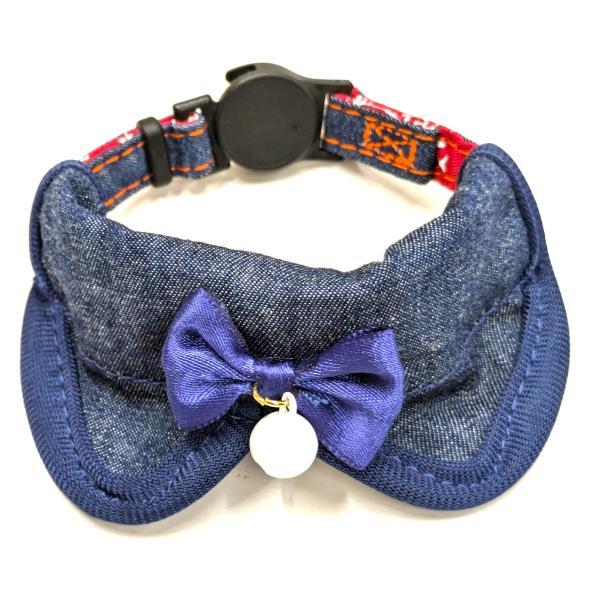 岡野製作所　デニムエリ付キャット ネイビーおしゃれなデニムの肌にやさしいコットン製生地を使用した、襟付きの猫用首輪です。負荷がかかると外れるセーフティバックルタイプ。万が一枝などに首輪が引っかかっても、バックルが外れるので安心です。---対...