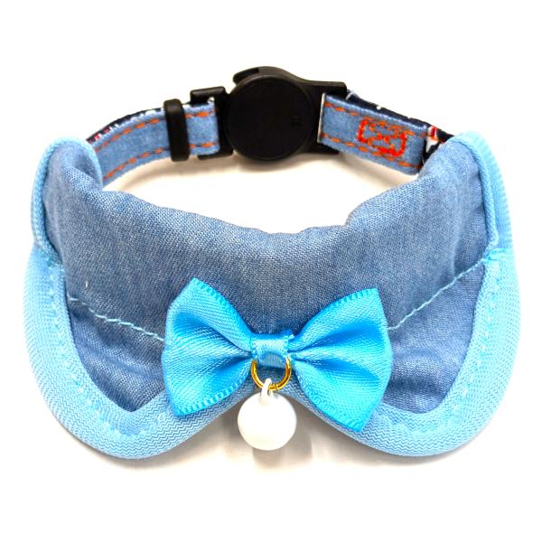 岡野製作所　デニムエリ付キャット ライトブルーおしゃれなデニムの肌にやさしいコットン製生地を使用した、襟付きの猫用首輪です。負荷がかかると外れるセーフティバックルタイプ。万が一枝などに首輪が引っかかっても、バックルが外れるので安心です。--...