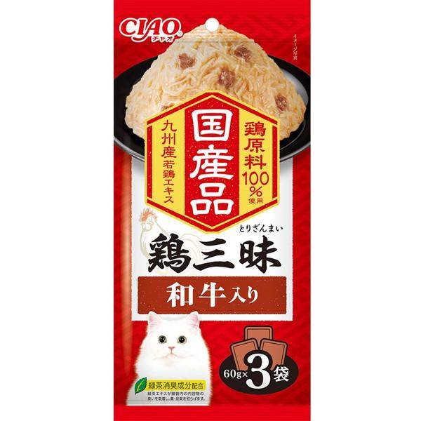 いなばペットフード　CIAO 鶏三昧 和牛入り ６０ｇ×３袋フレーク状にほぐしたささみにささみのペーストを加え、猫ちゃんの好きな和牛をトッピング。緑茶消臭成分配合。---原産国---日本---原材料---鶏肉（ささみ）、牛肉、チキンエキス、...