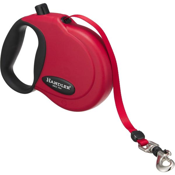 アース・ペットターキー　ハンドラー スーパーウォーカー 伸縮リード Ｓ 赤最長5mのソフトで幅の広い平面テープを使用人の手に優しく、絡まりにくく、遠目からの視認性が良いゴム製だから持ちやすく、滑りにくいハンドルスイッチひとつでロックとフリー...