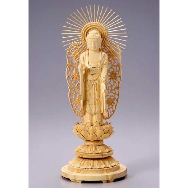 浄土真宗本願寺派（西）で用いる仏像（ご本尊）です。木質が堅く緻密で綺麗なため仏像に最適な柘植製丸台の阿弥陀如来（6.0寸）です。●寸法　総丈: 357mm、台幅: 130mm、奥行: 120mm●材質　柘植（ツゲ）、金泥付き●宗派　浄土真宗...