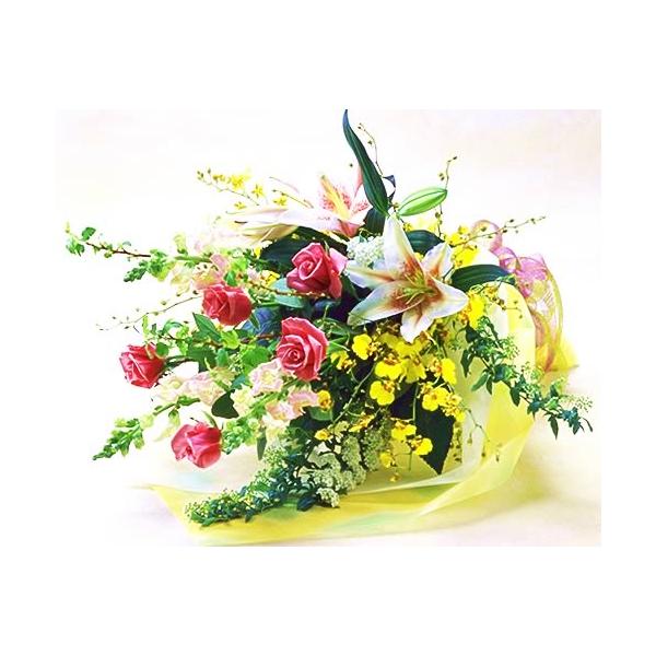ピンクの大輪のユリとバラをメインにした華やかな花束です。あしもとを黄色のランで引き締めています。枝物が入っていますのでいっそうボリューム感が出て、豪華な花束になっています。お誕生日、ご卒業、合格お祝い、転勤、ご栄転、昇格などいろいろな祝い事...