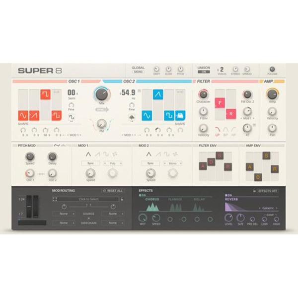 POLYSYNTH REIMAGINEDビンテージシンセの温かみと豊かなサウンドを、現代的な音楽制作に取り入れましょう。SUPER 8は、簡単な操作で、往年のサウンドを現代に蘇らせます。ベース、リード、パッド、効果音など、様々なプリセットを...