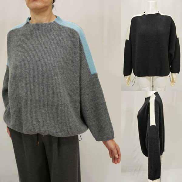 【発売日：2025年12月11日】156704/毛・ナイロンミドルゲージ畦編みニット、少し立ち上がった丸首／モックネックセーター、ワイドボディのヒップ丈、裾周りには１周ドロストが通してありますので、両脇のストッパーで絞る事でコクーンシルエッ...