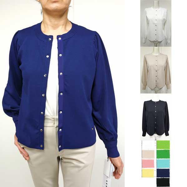 【発売日：2026年02月06日】807004/アセテート・ポリエステル・ナイロン／サーブルストレッチ総針の丸首スナップボタン留めカーディガン、大きなアームホールの袖付けにギャザーを設けたワイドスリーブは天竺で編地切替、袖口をリブニットで絞...