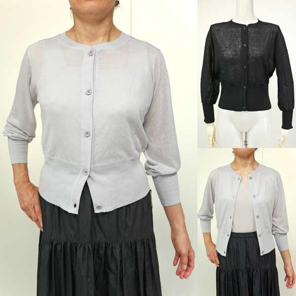 【発売日：2026年02月06日】808405/リネン／麻・綿・ポリエステル・ナイロンの透け感があるハイゲージ天竺編みニット素材、丸首のコンパクトシルエット腰丈カーディガン長袖です。裾周りは14cm幅でリブニット切替になっていますので、ボタ...